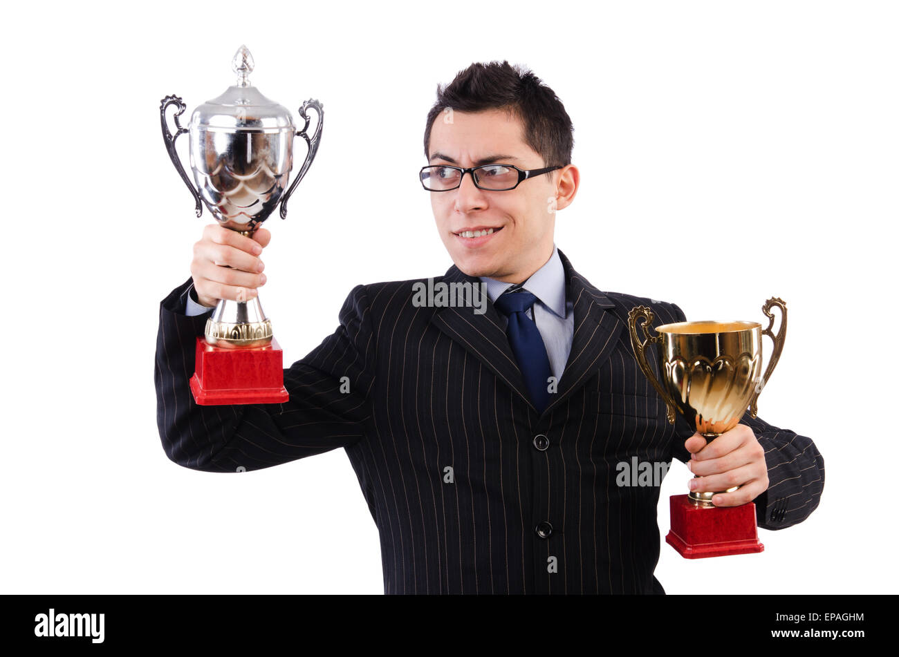 Funny guy receiving award on white Stock Photo - Alamy