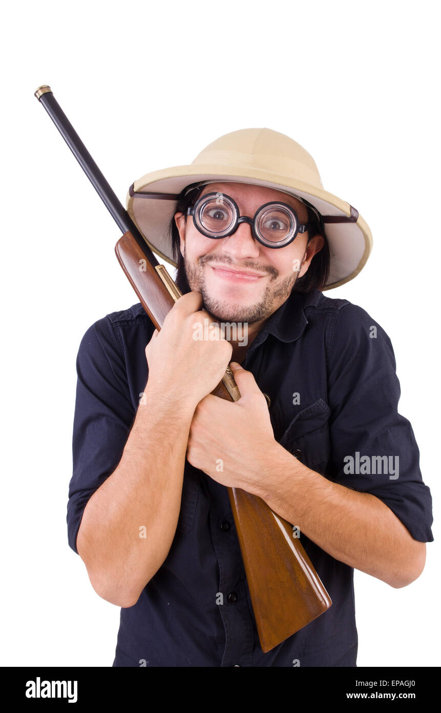 Funny hunter wearing safari hat Stock Photo - Alamy