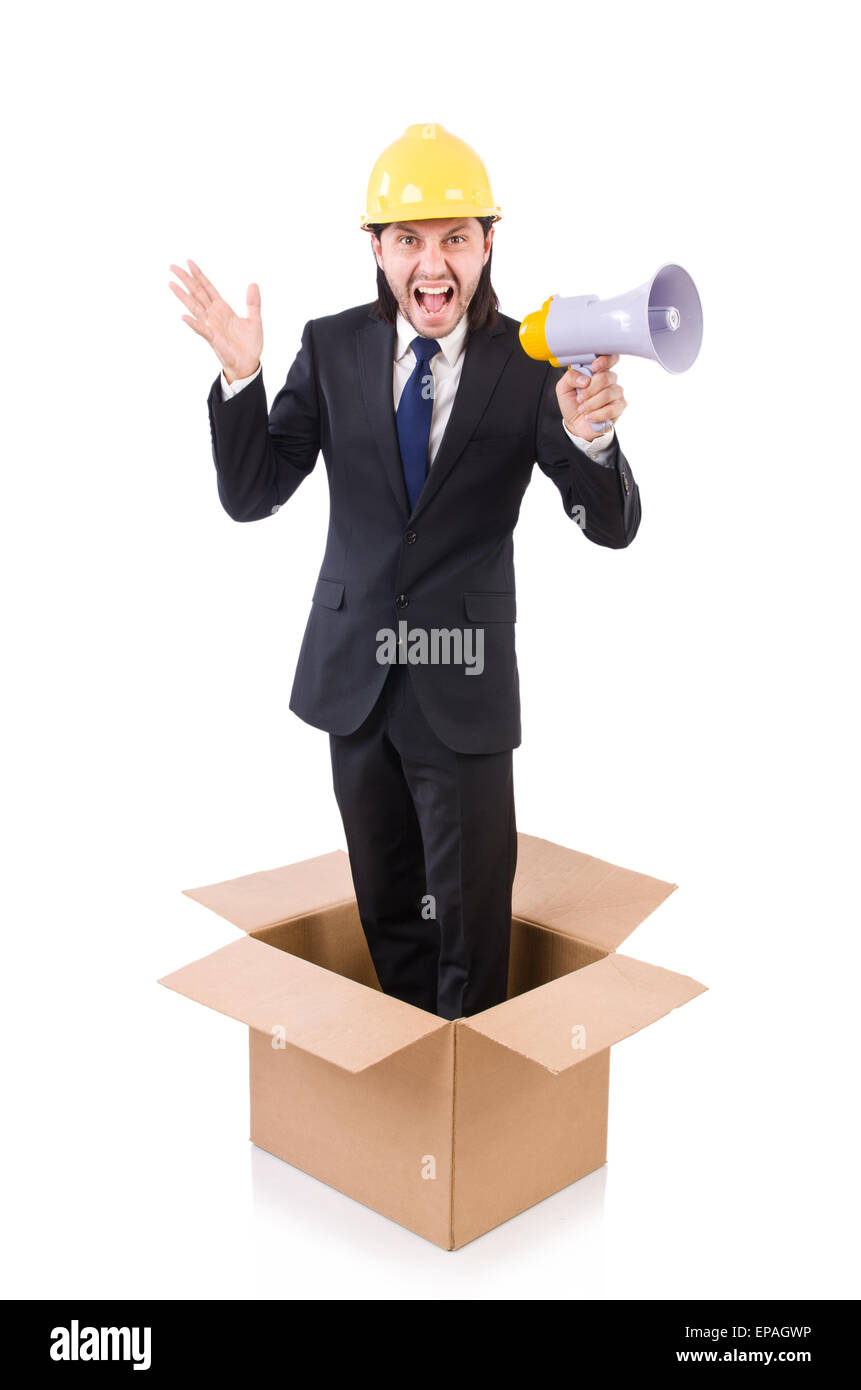 Man with hardhat and loudspeaker standing in the box Stock Photo - Alamy
