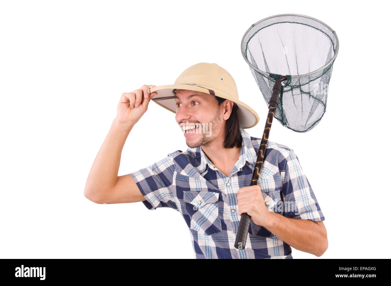 Funny guy with catching net on white Stock Photo - Alamy
