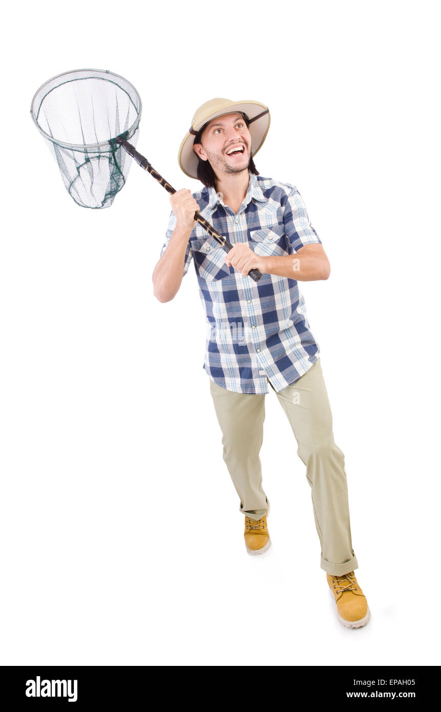 Funny guy with catching net on white Stock Photo - Alamy