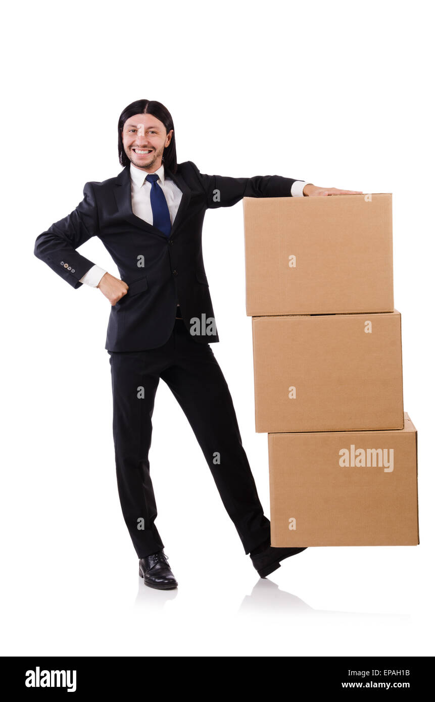 Funny man with boxes on white Stock Photo - Alamy