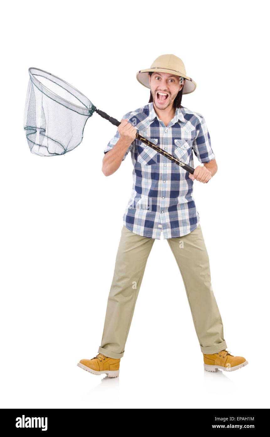 Funny guy with catching net on white Stock Photo - Alamy