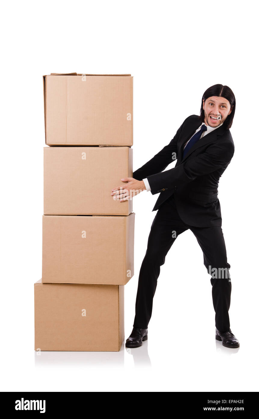 Funny man with boxes on white Stock Photo - Alamy