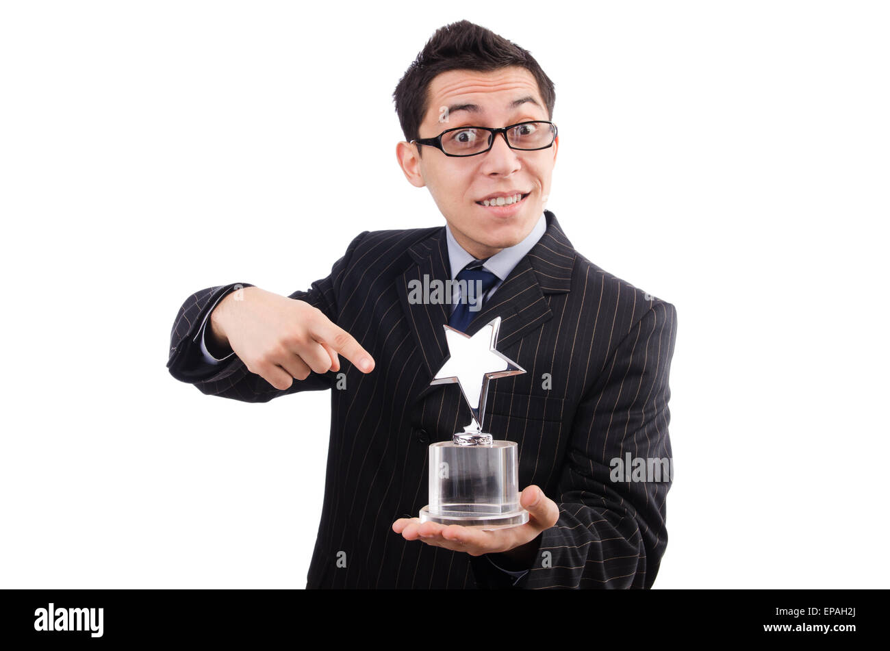 Funny guy receiving award on white Stock Photo - Alamy