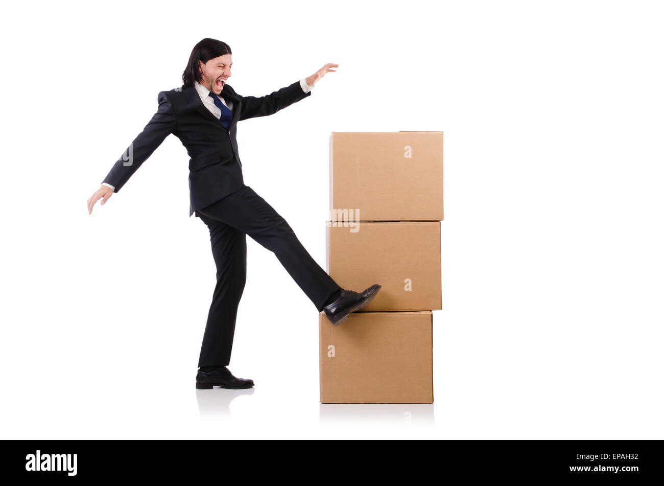 Funny man with boxes on white Stock Photo - Alamy