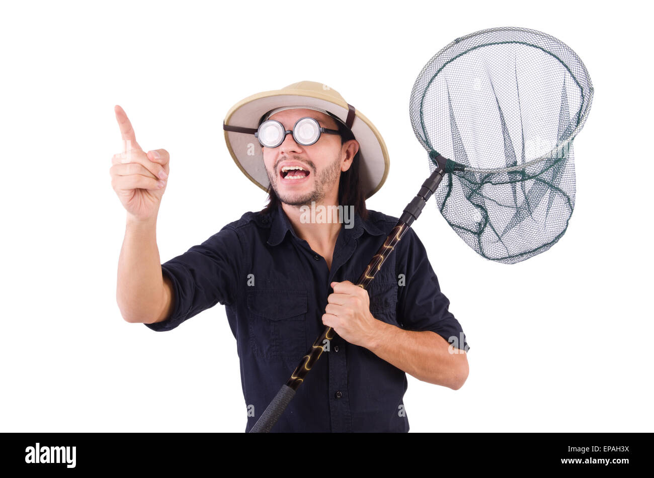 Funny guy with catching net on white Stock Photo - Alamy