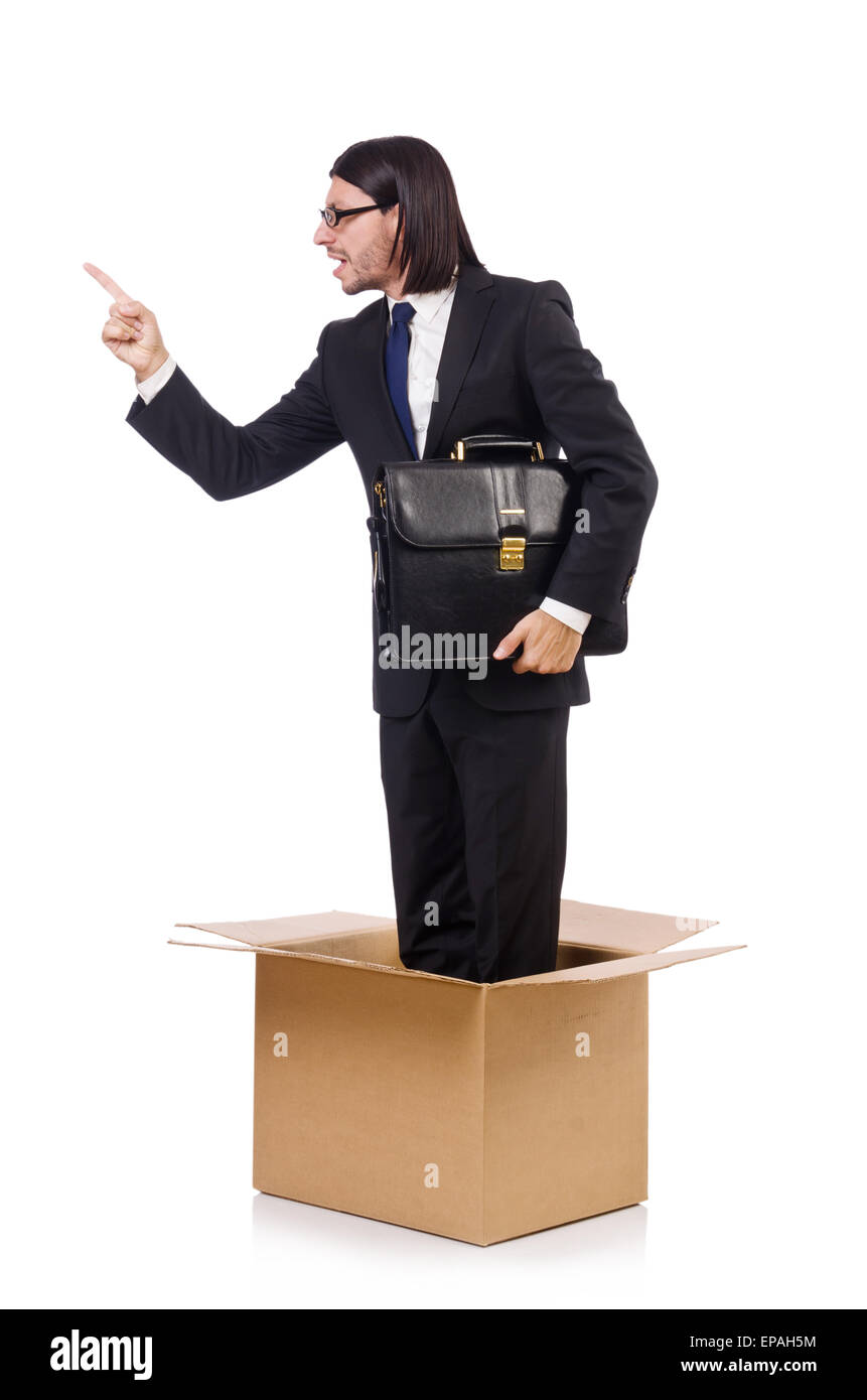 Man in thinking out of the box concept Stock Photo - Alamy