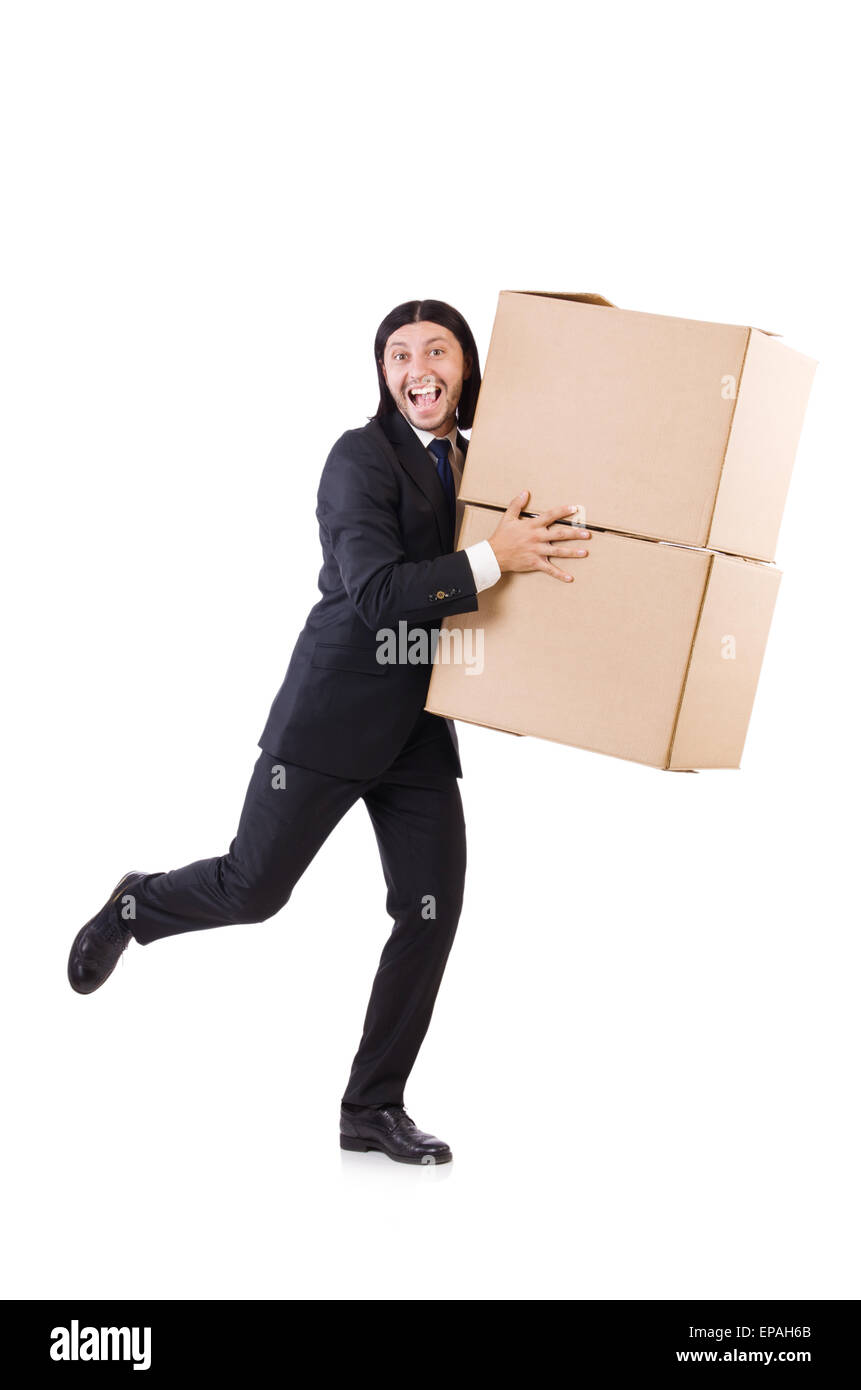 Funny man with boxes on white Stock Photo - Alamy