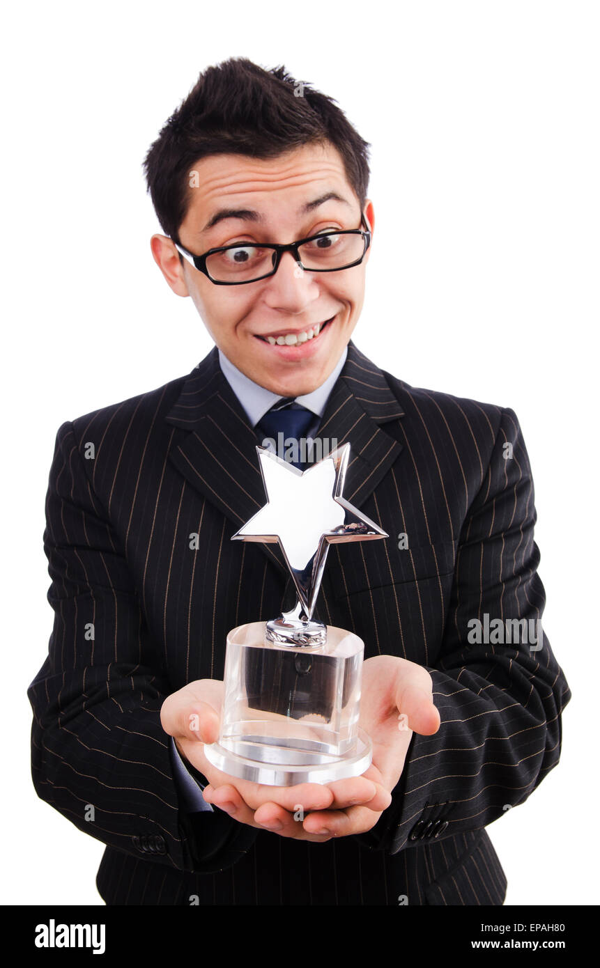 Funny guy receiving award on white Stock Photo - Alamy