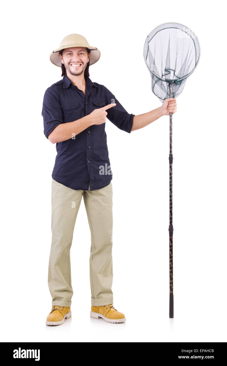 Funny guy with catching net on white Stock Photo - Alamy