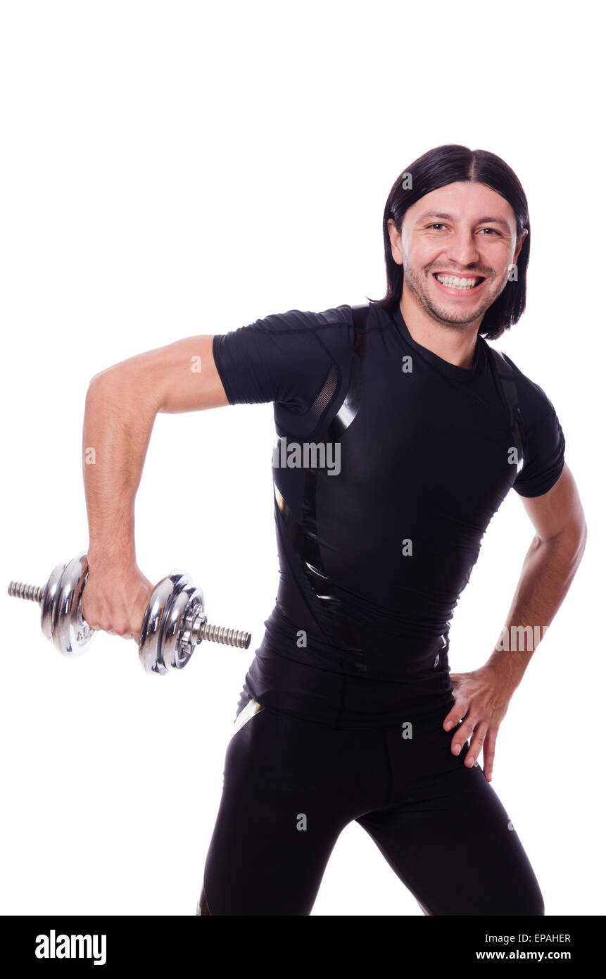 Man training with dumbbells on white Stock Photo - Alamy