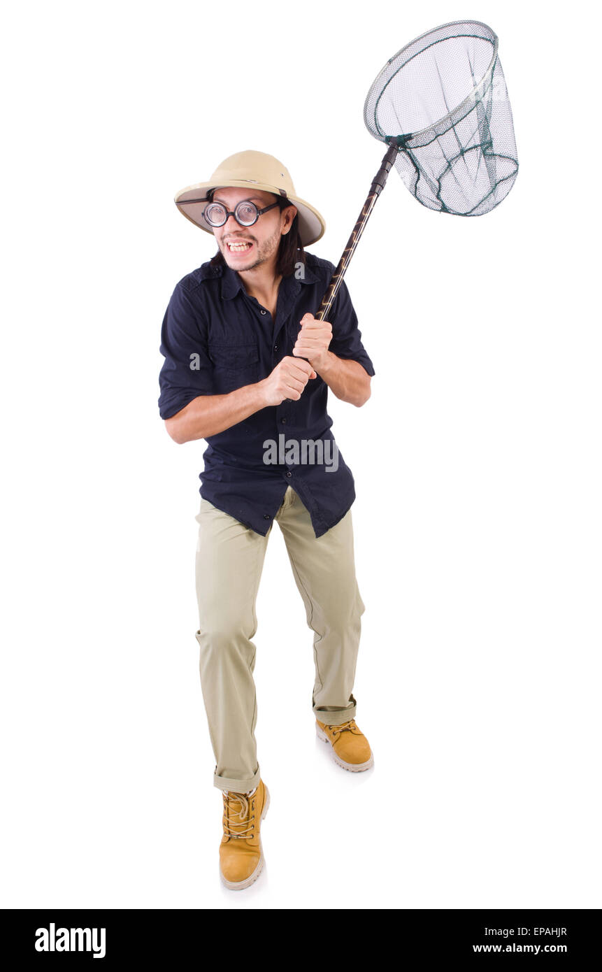 Funny guy with catching net on white Stock Photo - Alamy