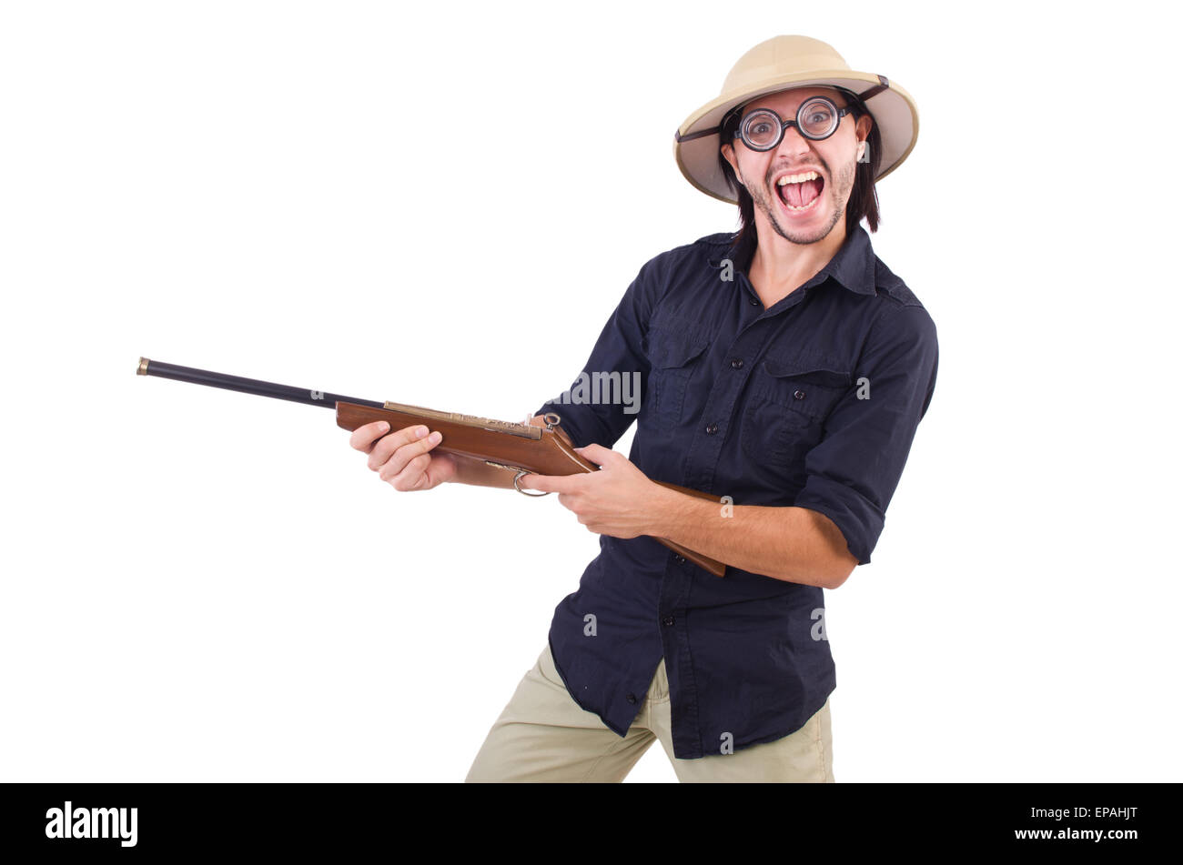 Funny hunter wearing safari hat Stock Photo - Alamy