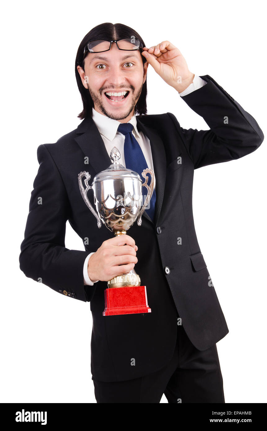 Businessman awarded with prize cup isolated on white Stock Photo - Alamy