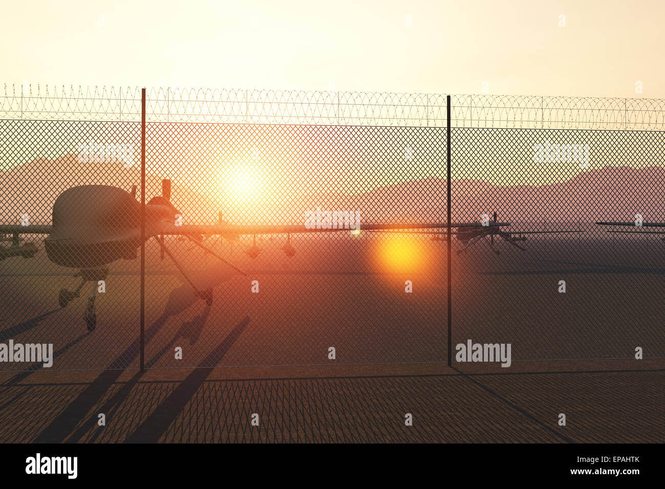 Military Predator Type UAV Drone Base in the Sunset Sunrise Stock Photo ...