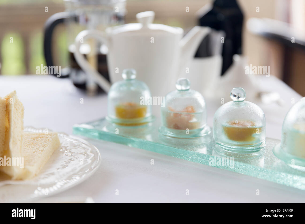 close up of tea time set with jam on table Stock Photo - Alamy