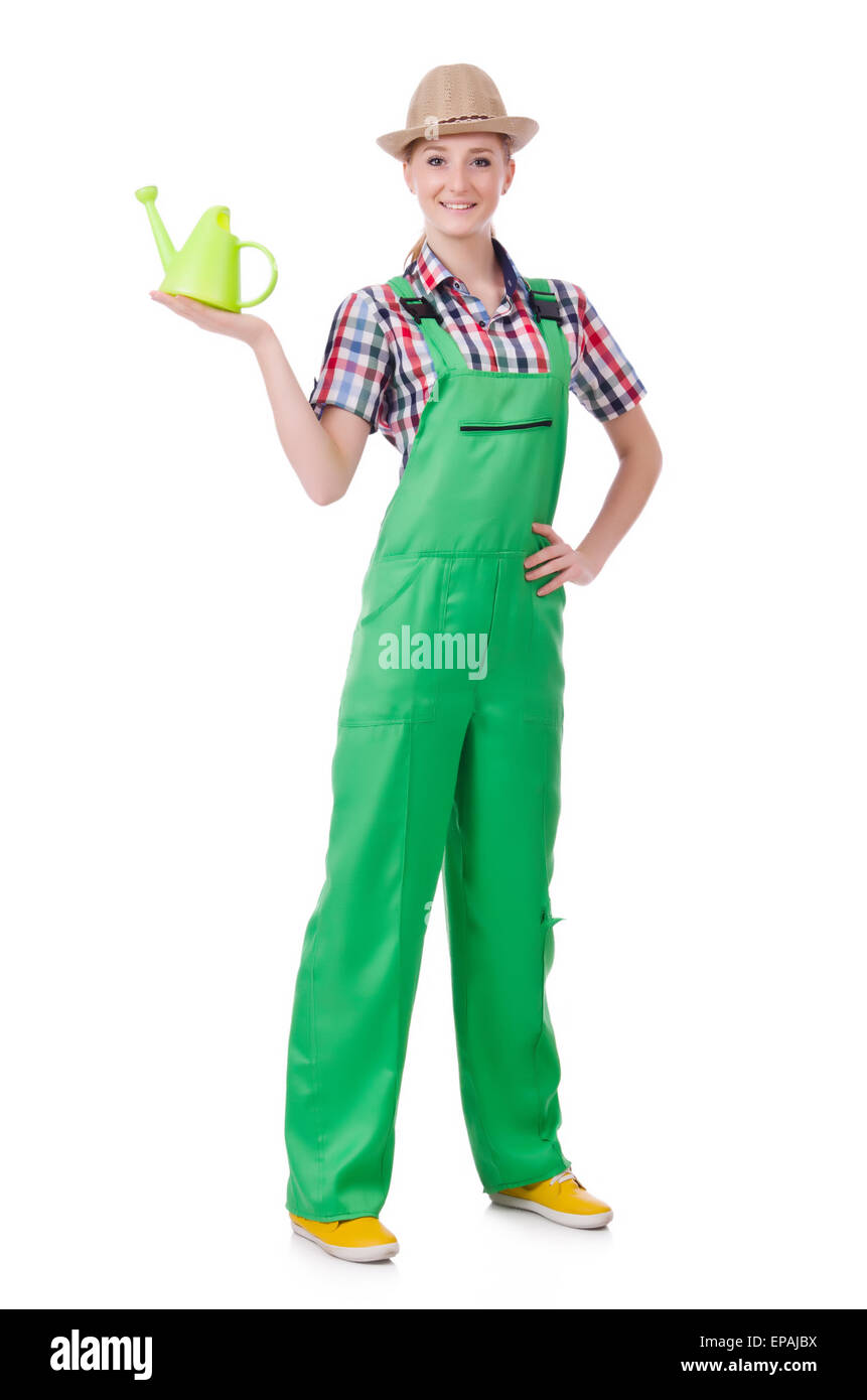 Woman with watering can on white Stock Photo - Alamy