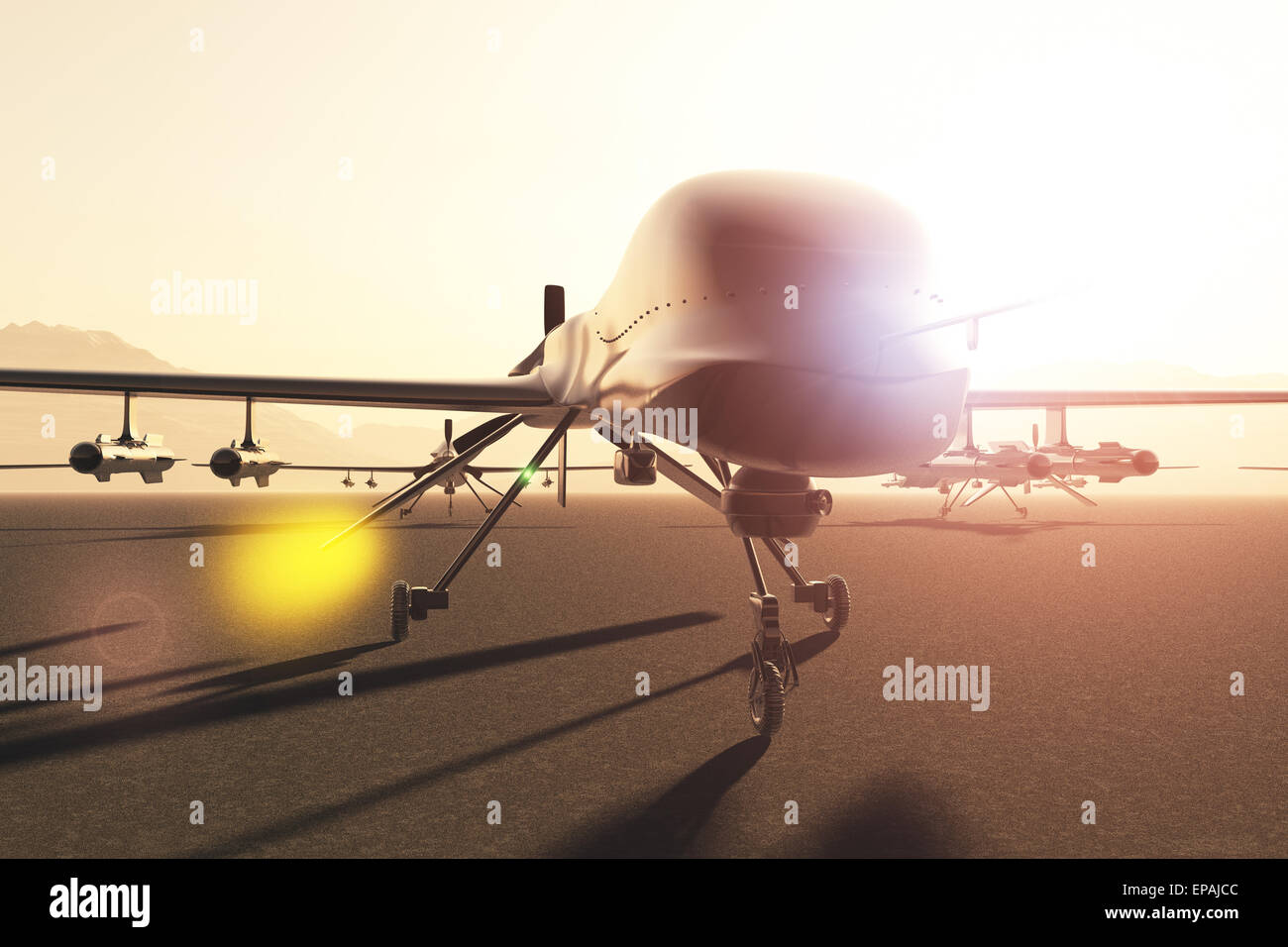 Military Predator Type UAV Drone Base in the Sunset Sunrise Stock Photo ...