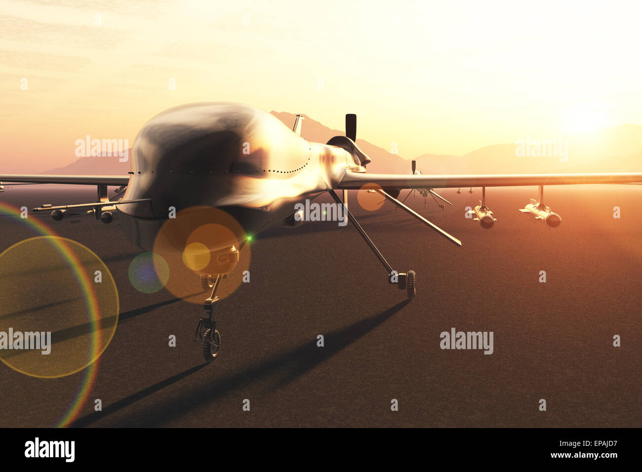 Military Predator Type UAV Drone Base in the Sunset Sunrise Stock Photo ...