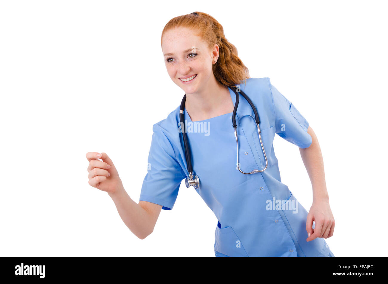 Pretty doctor in blue uniform in motion isolated on white Stock Photo ...