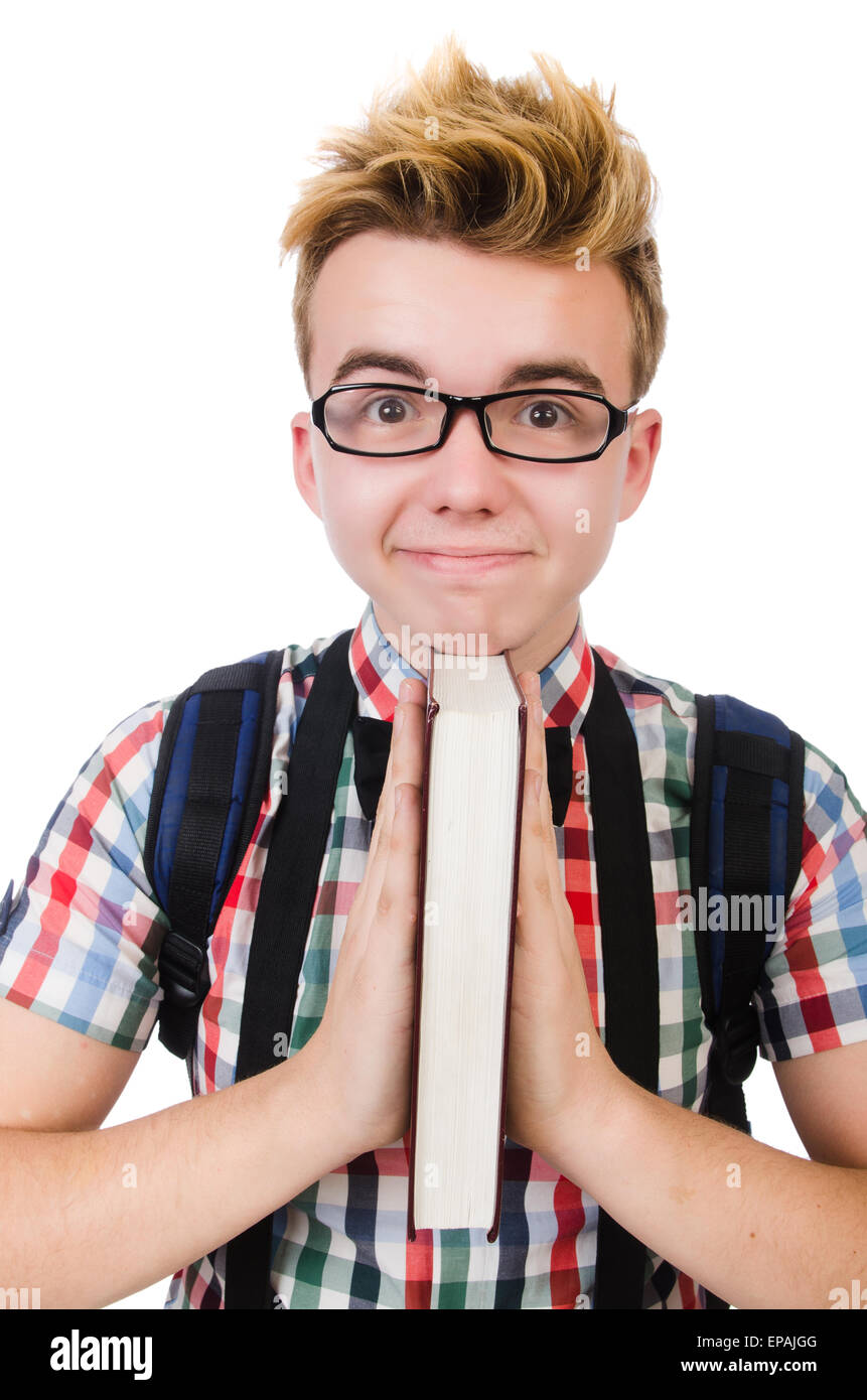 Funny student with stack of books Stock Photo - Alamy