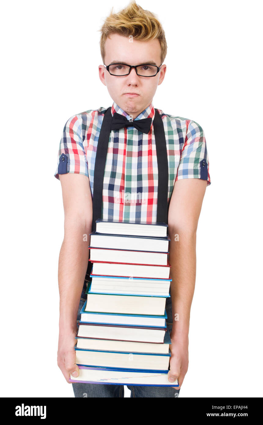 Funny student with stack of books Stock Photo - Alamy
