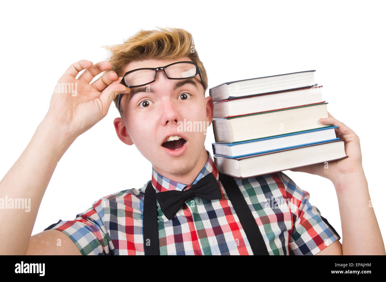 Funny student with stack of books Stock Photo - Alamy