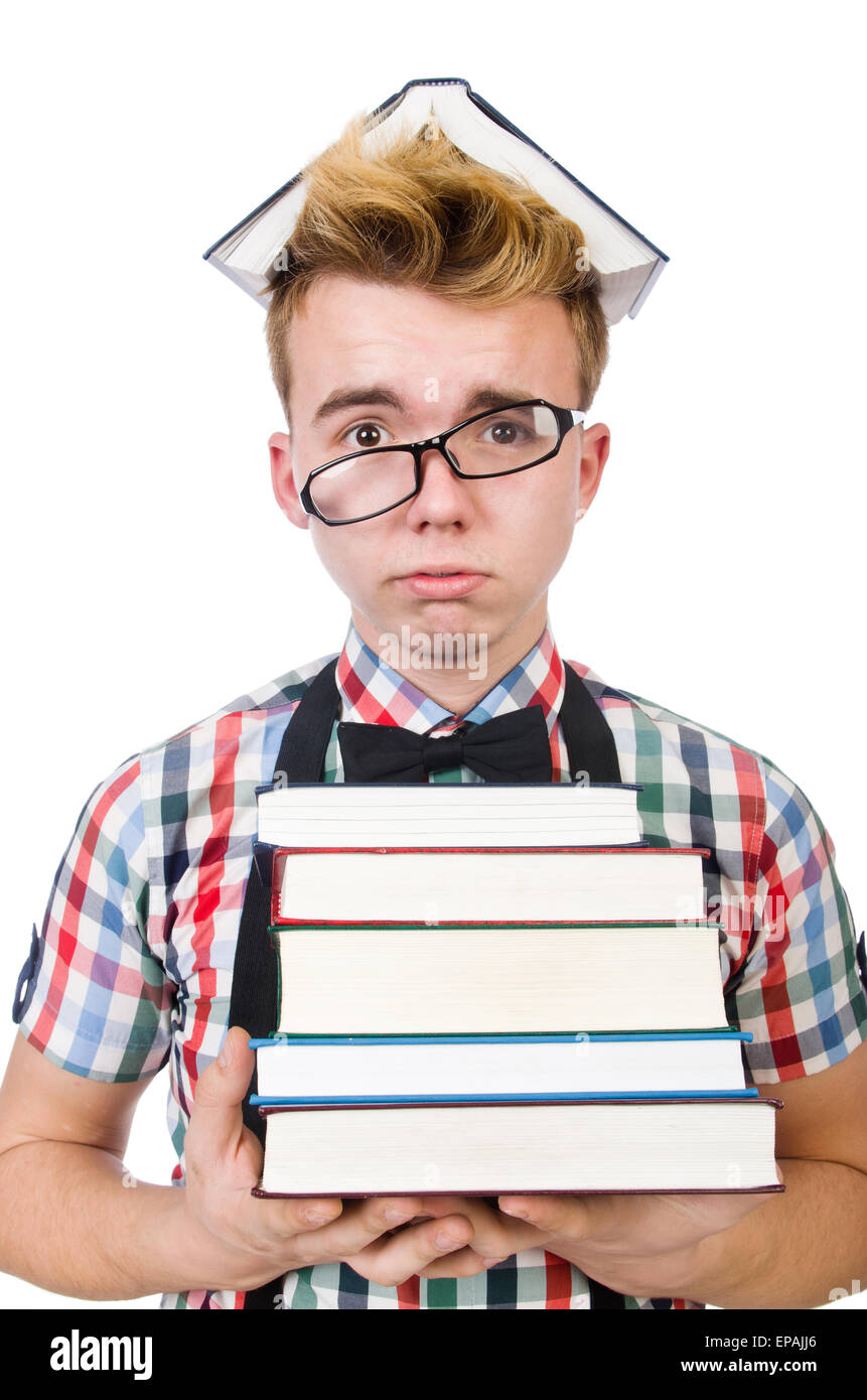 Funny student with stack of books Stock Photo - Alamy