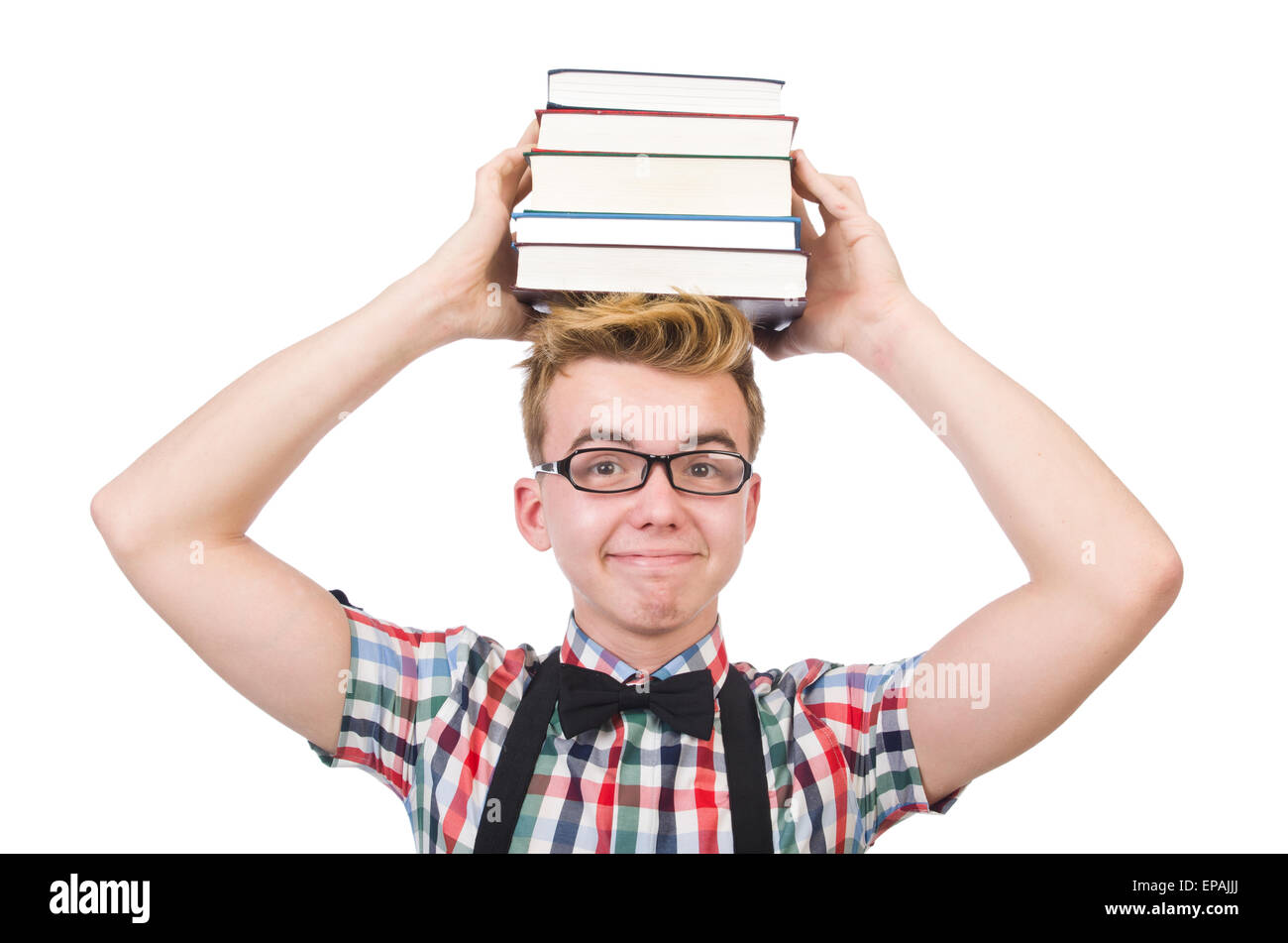 Funny student with stack of books Stock Photo - Alamy