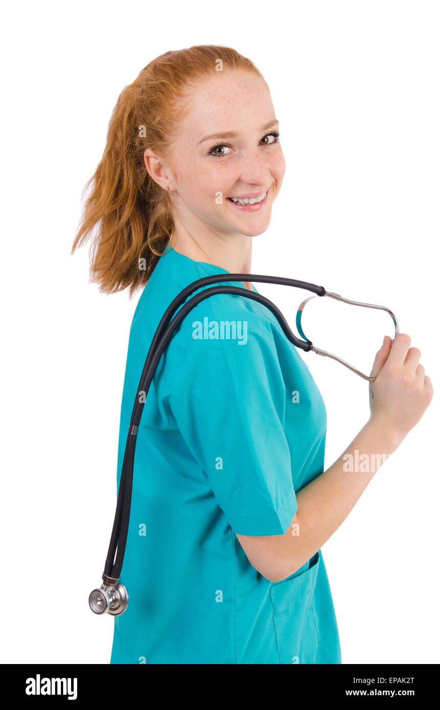 Young medical trainee with stethoscope isolated on white Stock Photo ...