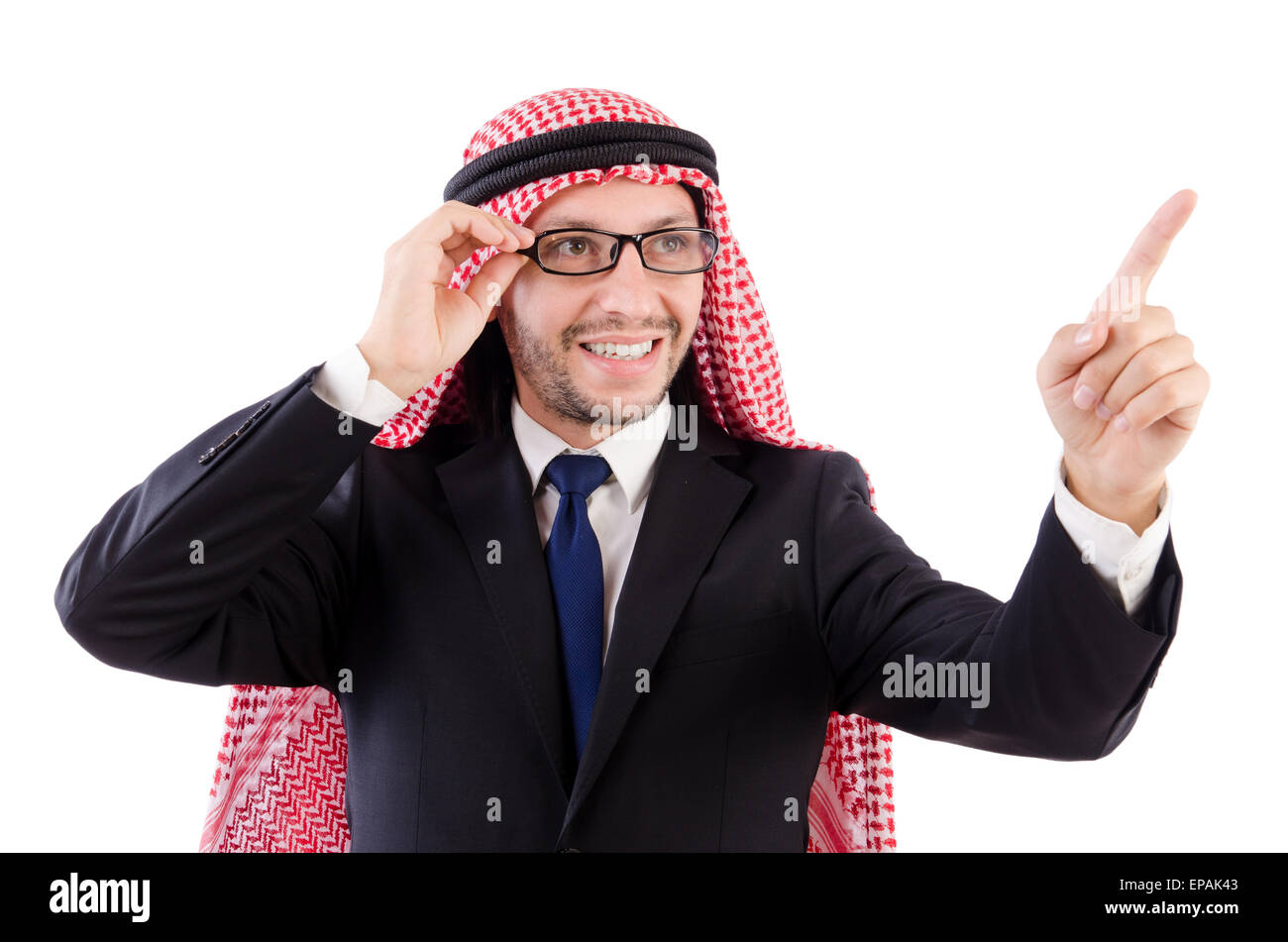 Arab man in specs pressing virtual buttons isolated on white Stock ...