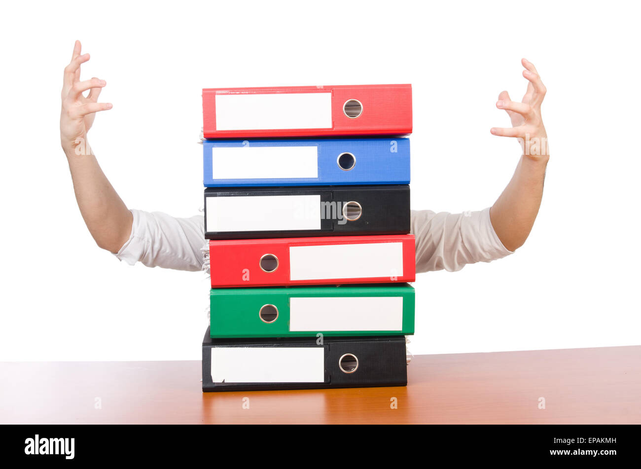 Funny man with lots of folders on white Stock Photo - Alamy