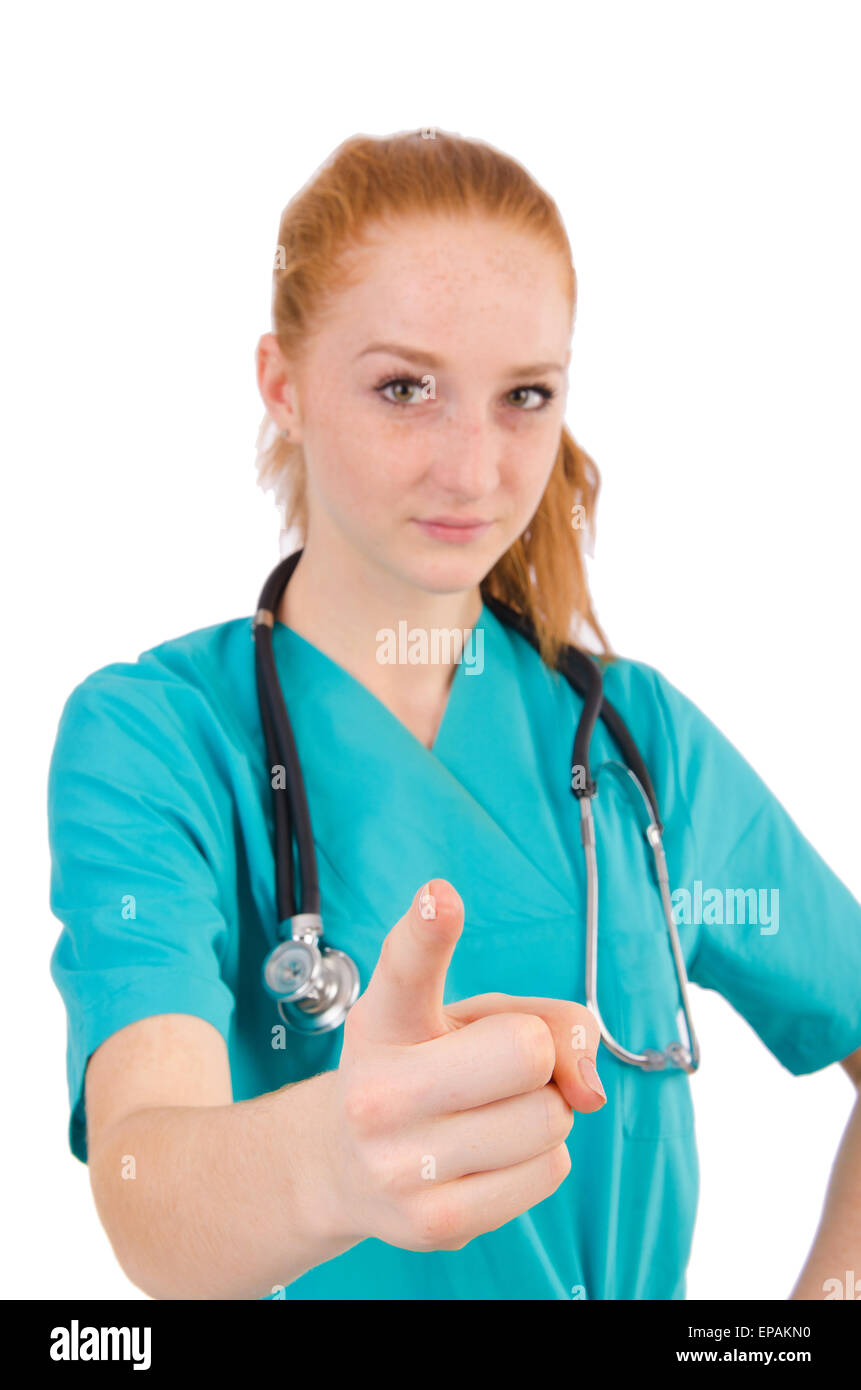 Young medical trainee with stethoscope isolated on white Stock Photo ...