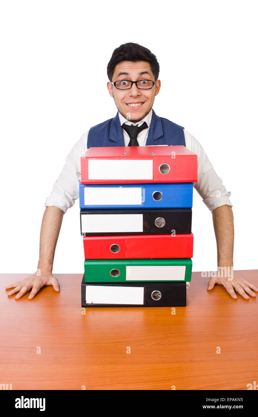 Funny man with lots of folders on white Stock Photo - Alamy
