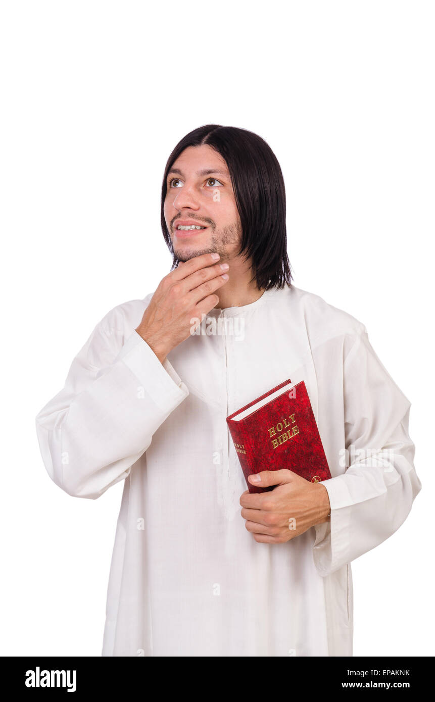 Young priest with bible isolated on white Stock Photo - Alamy