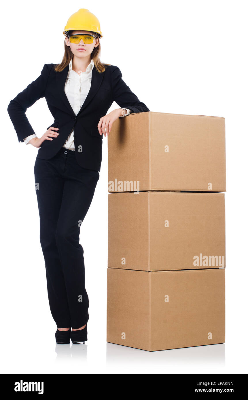 Young woman builder with boxes isolated on white Stock Photo - Alamy