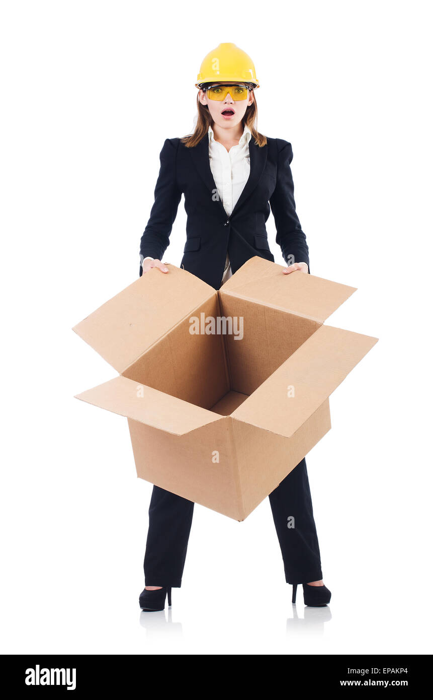 Woman builder with box isolated on white Stock Photo - Alamy
