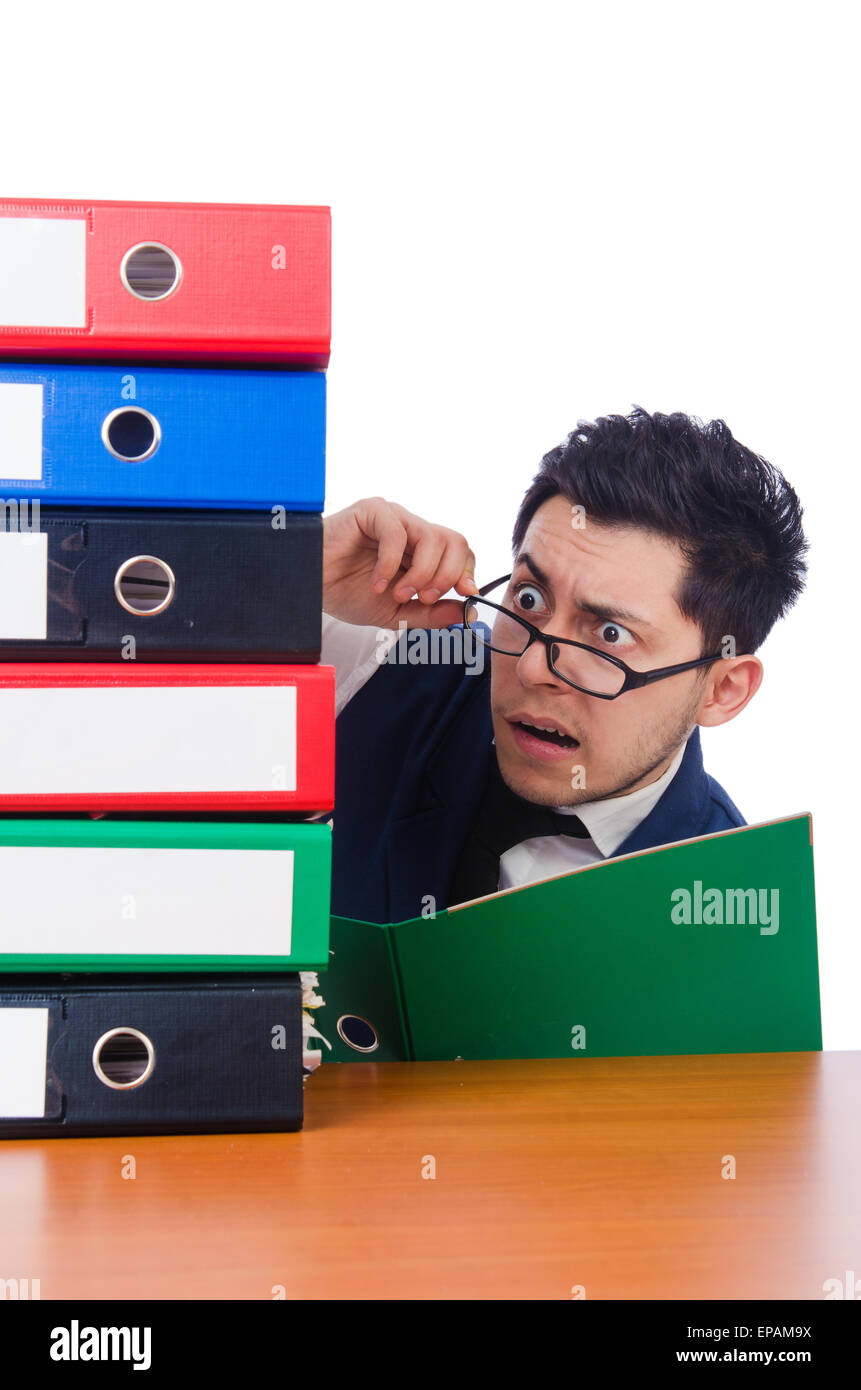 Funny man with lots of folders on white Stock Photo - Alamy