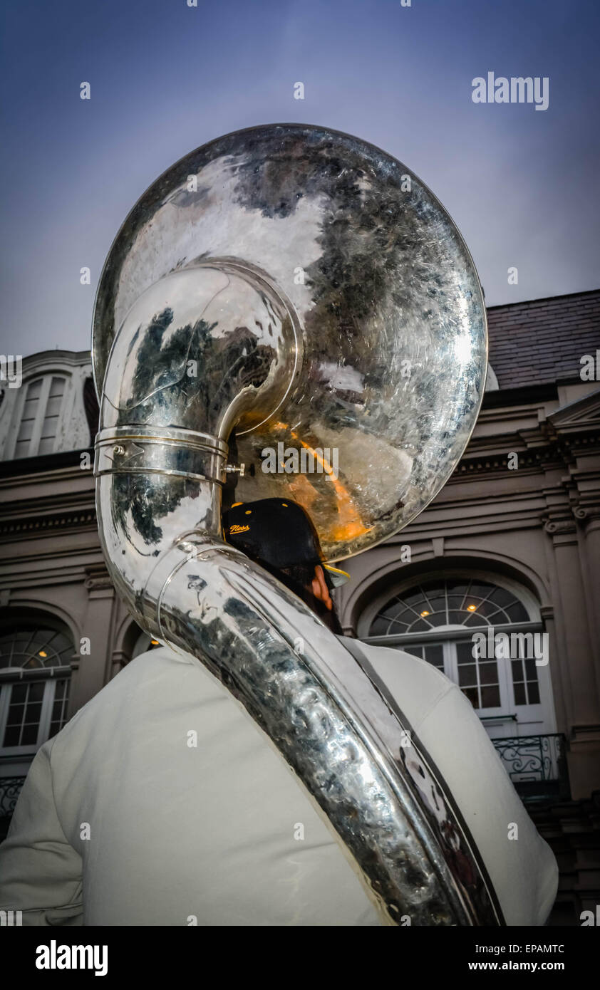 Street musician entertains tourists in Jackson Square with his Tuba in ...