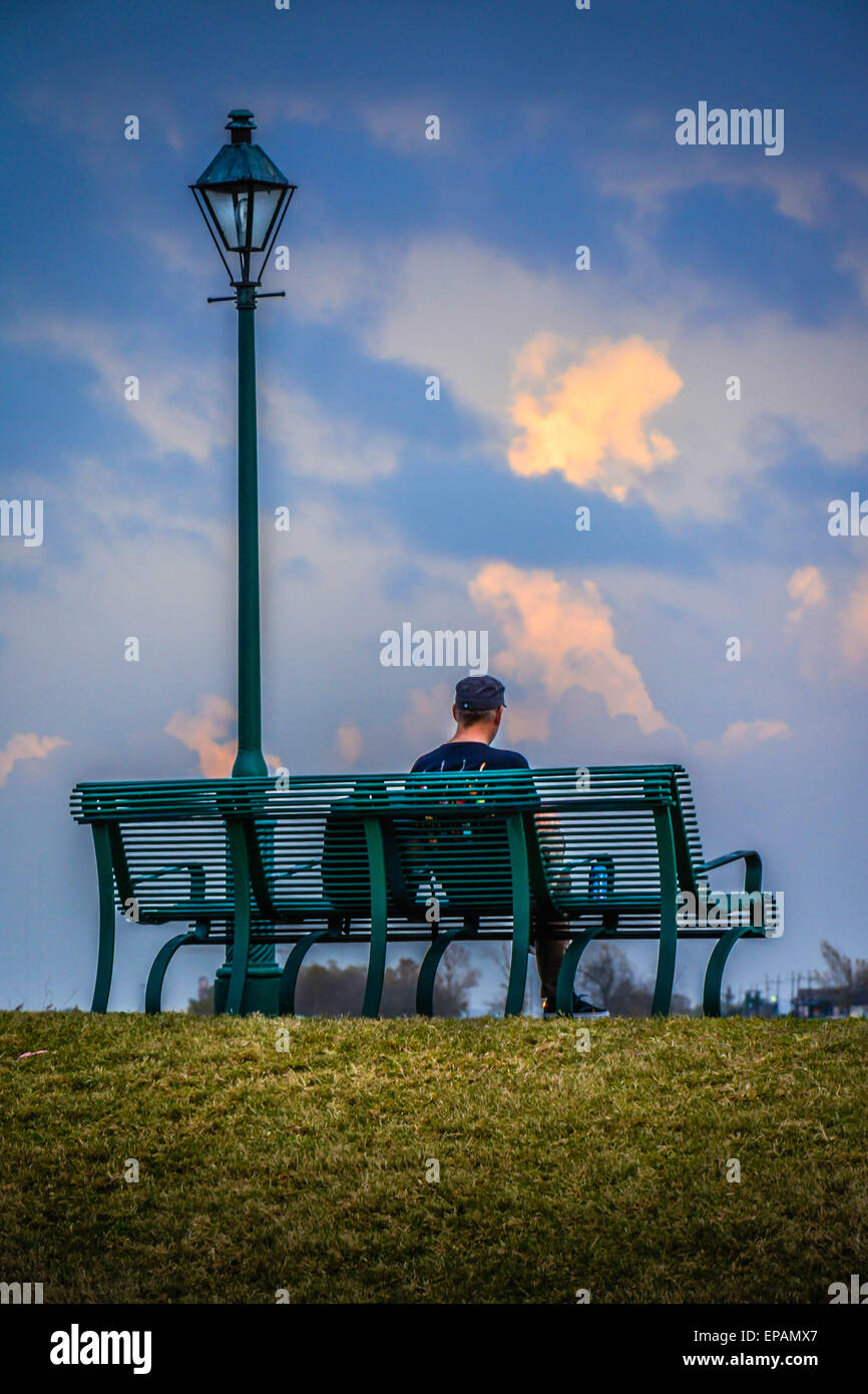Rear view of a man sitting alone on a park bench with lamp post and ...