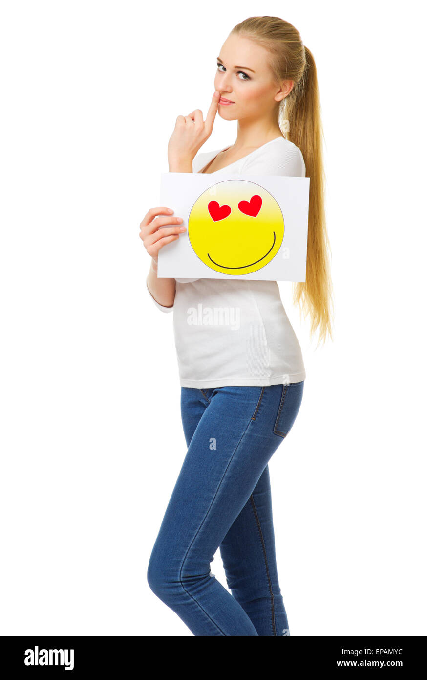 Young girl with love theme banner isolated Stock Photo - Alamy