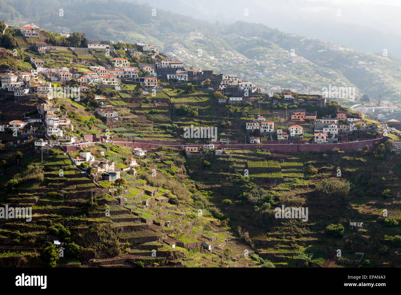Houses and small terraced fields and farms on the mountain slopes near ...