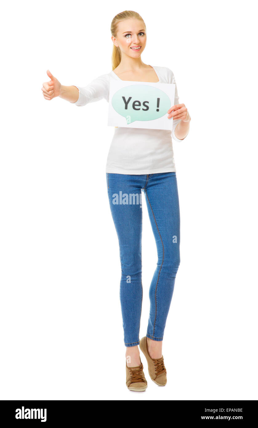 Young girl with Yes banner isolated Stock Photo - Alamy