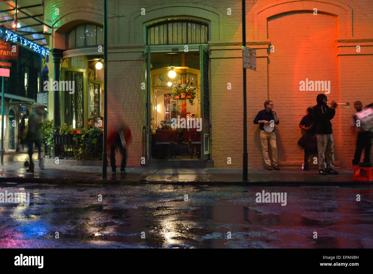 Late night street musicians entertain on a darkened Bourbon Street in ...