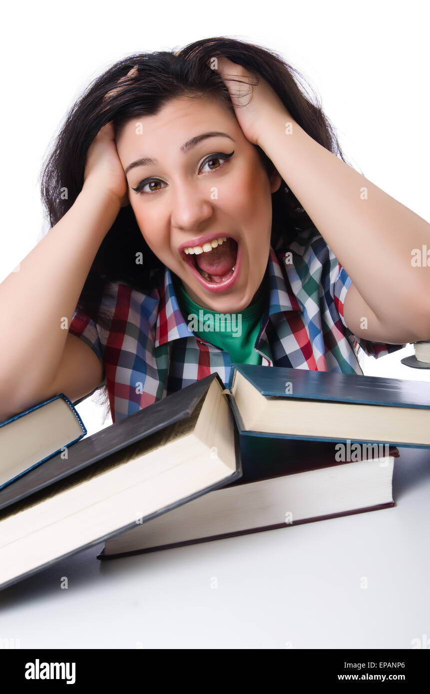 Tired student with textbooks on white Stock Photo - Alamy