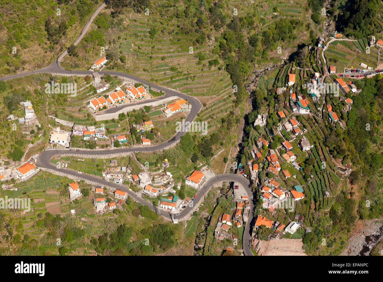 View from directly overhead of Madeiran villages in the centre of the ...