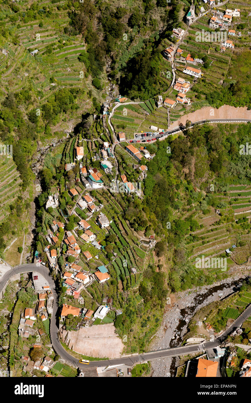 View from directly overhead of Madeiran villages in the centre of the ...