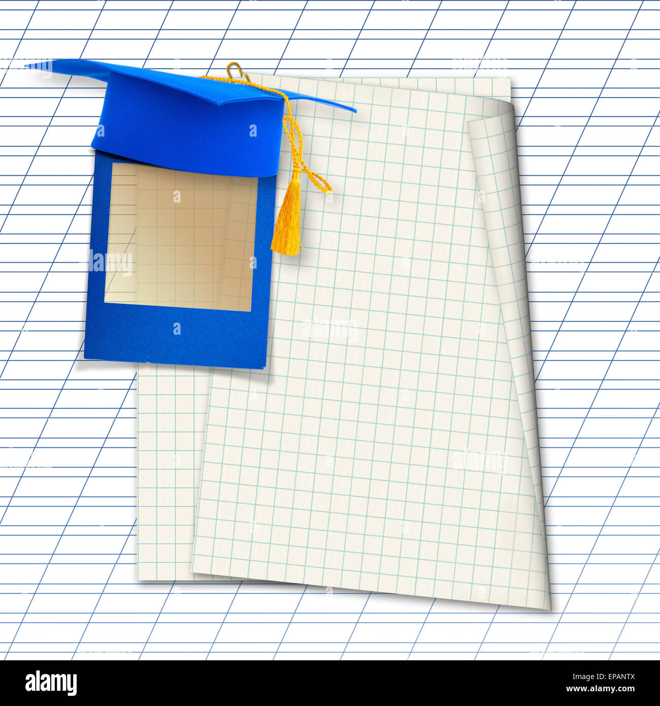 Mortar board or graduation cap with blue slide on the background ...