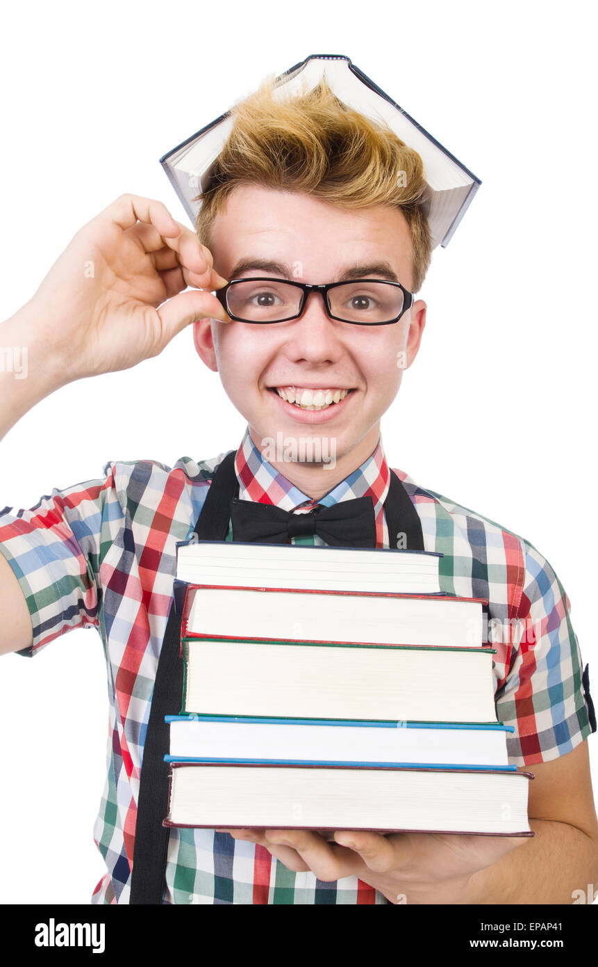 Funny student with stack of books Stock Photo - Alamy